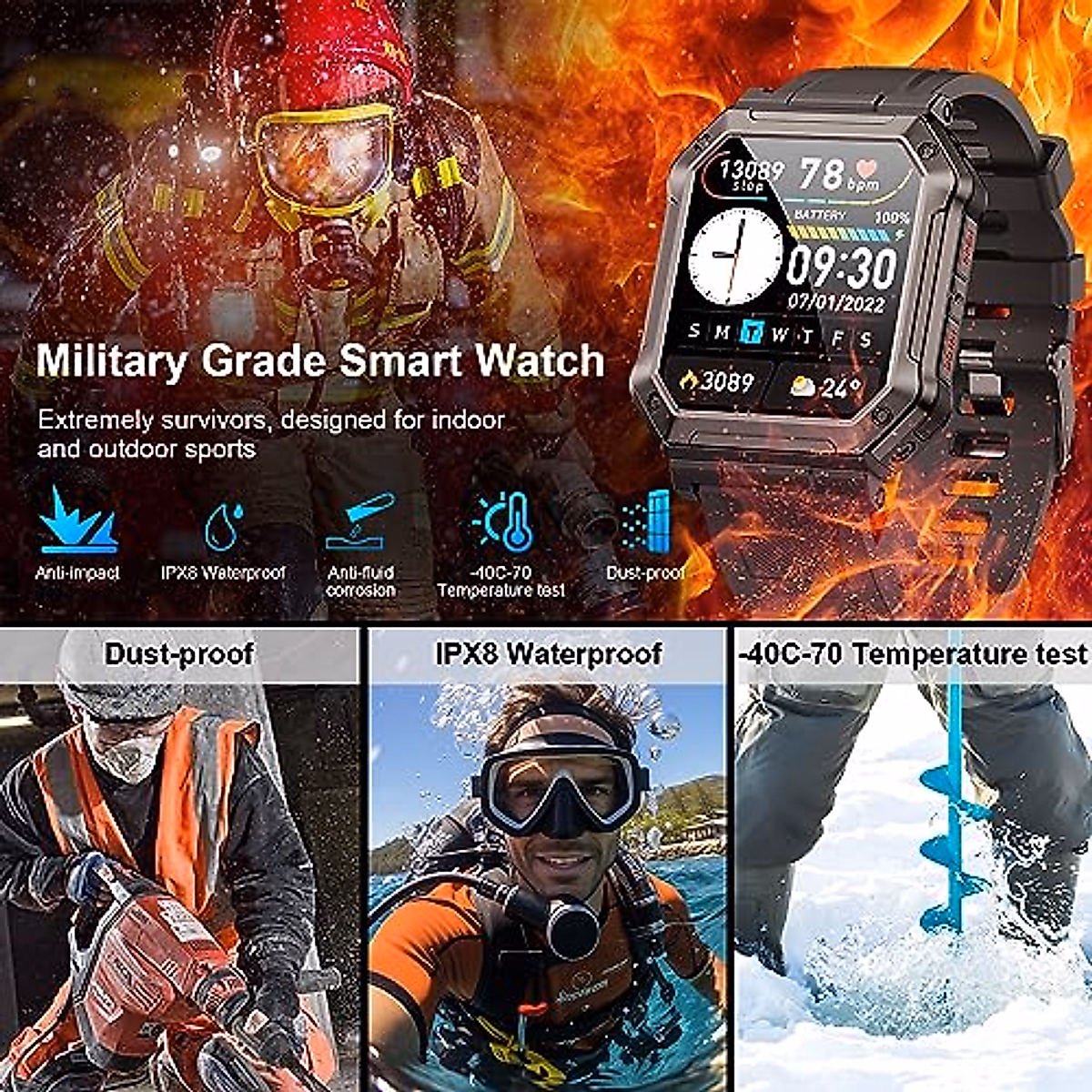 Smart Watch for Men Fitness Tracker: (Make/Answer Call) Bluetooth Military Smartwatch for Android Phones iPhone Waterproof Outdoor Digital Sport Run Tactical Watches Step Counter Heart Rate Monitor