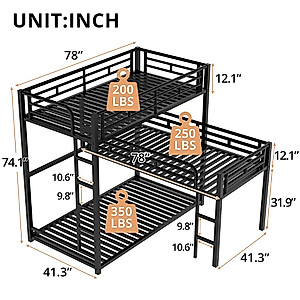 TURRIDU Heavy-Duty Triple Bunk Bed, Metal L-Shaped Bunk Bed for 3 Kids Adults with Built-in Ladder and Full-Length Guardrails, No Box Spring Needed & Space Saving Metal Triple Bunk Bed