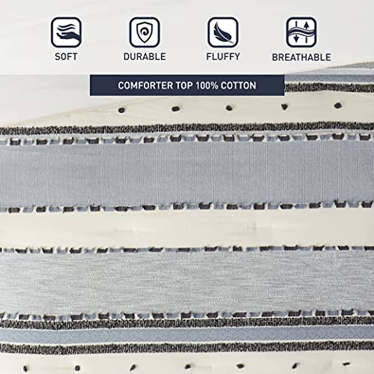 Hyde Lane Boho Blue King Comforter Set ，Modern Farmhouse Tufted Bedding Sets, Cotton Top with Neutral Rustic Style Clipped Jacquard Stripes, 3-Pieces Including Matching Pillow Shams (104x90 Inches)