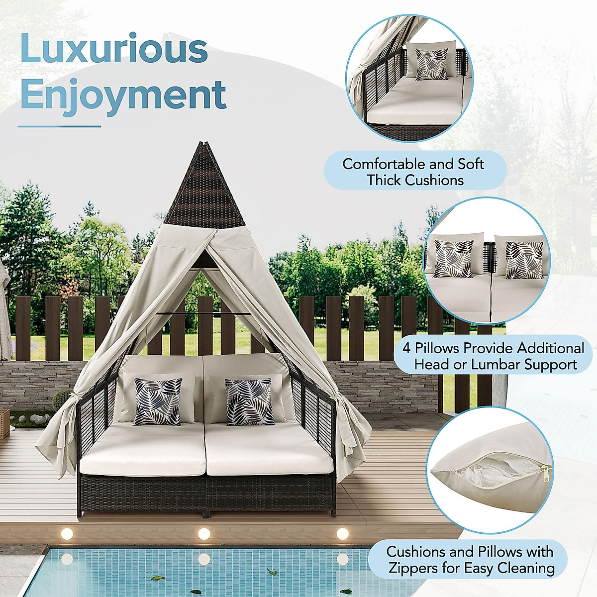 Merax Outdoor Daybed Patio Lounge Bed with Adjustable Backrest Outdoor Double Sun Lounger with Curtains, 2 Pillows for Garden Patio Poolside Balcony Beach