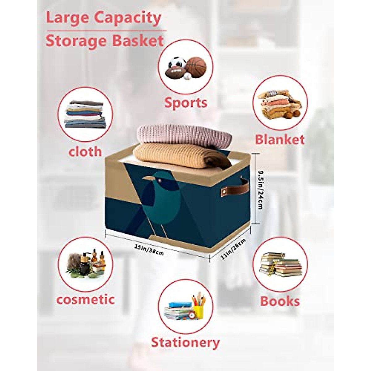 Abstract Art Geometric Bird Storage Bins with Handles, Modren Art Painting Animal Storage Basket for Shelves, Cube Storage Organizer Bins for Toys, Closet (1 Pack, 15" x 11" x 9.5")