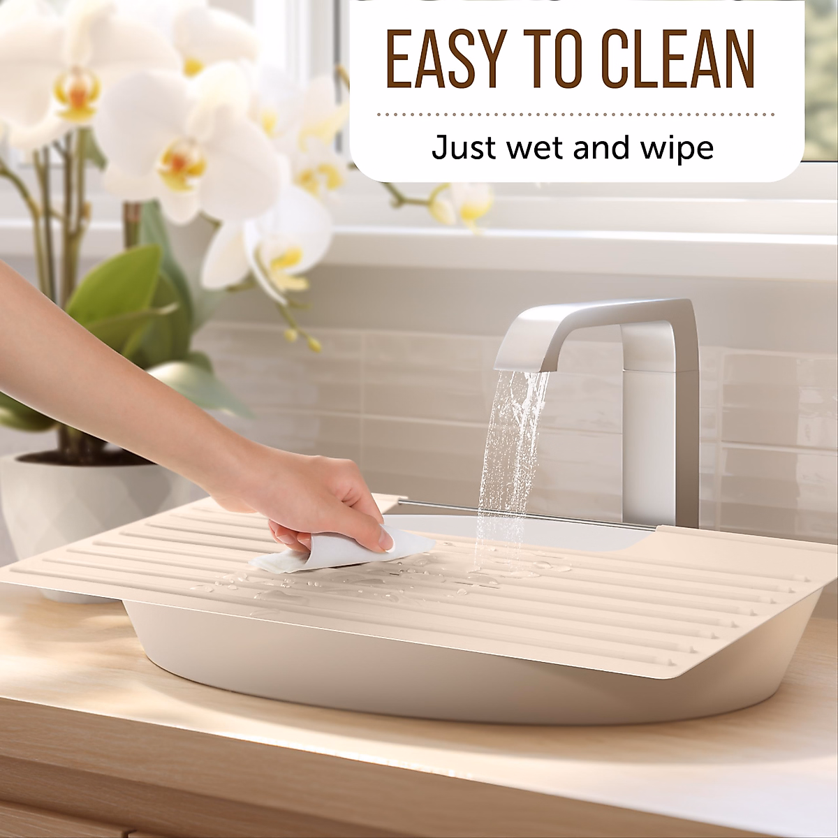 Maplefield Foldable Bathroom Sink Cover for Counter Space, Silicone Sink Topper, Heat Resistant Over Sink Makeup Mat, Small Bathroom Space Creation, Bathroom Space Saver Sink Cover for Makeup, Beige