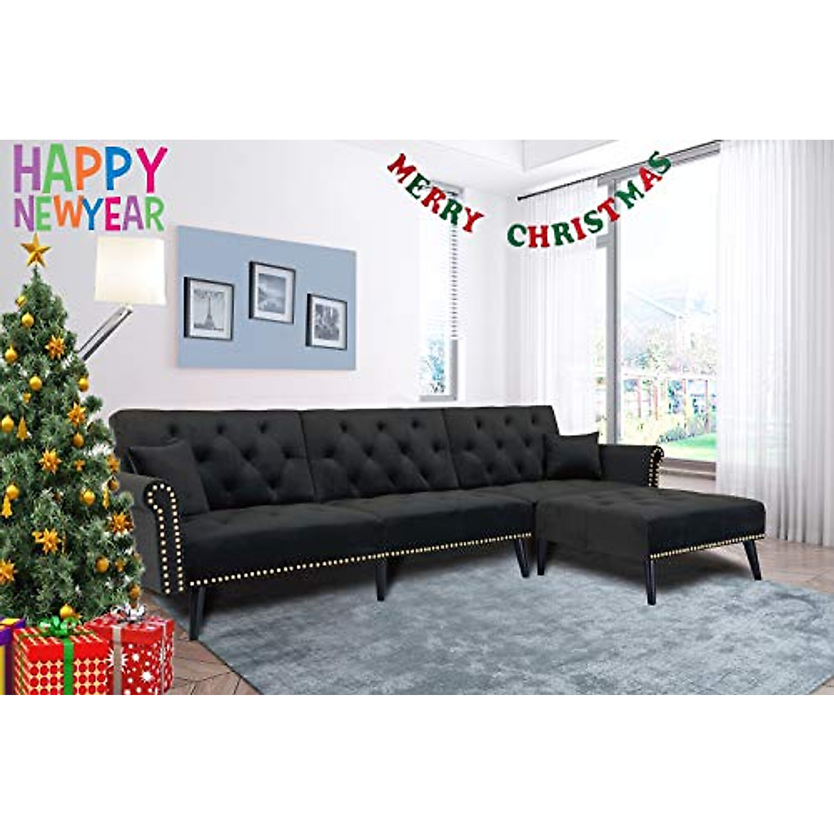 Zushule Convertible Sectional Couch with Chaise Lounge for Living Room, Comfy Velvet Fabric L-Shaped Reversible Reclining Sofa with 3 Seats and Pillows, for Small Apartment and Spaces - (Black)