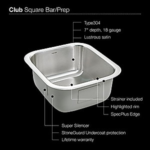 Houzer MS-1708-1 Club Series Undermount Stainless Steel Square Bowl Bar/Prep Sink