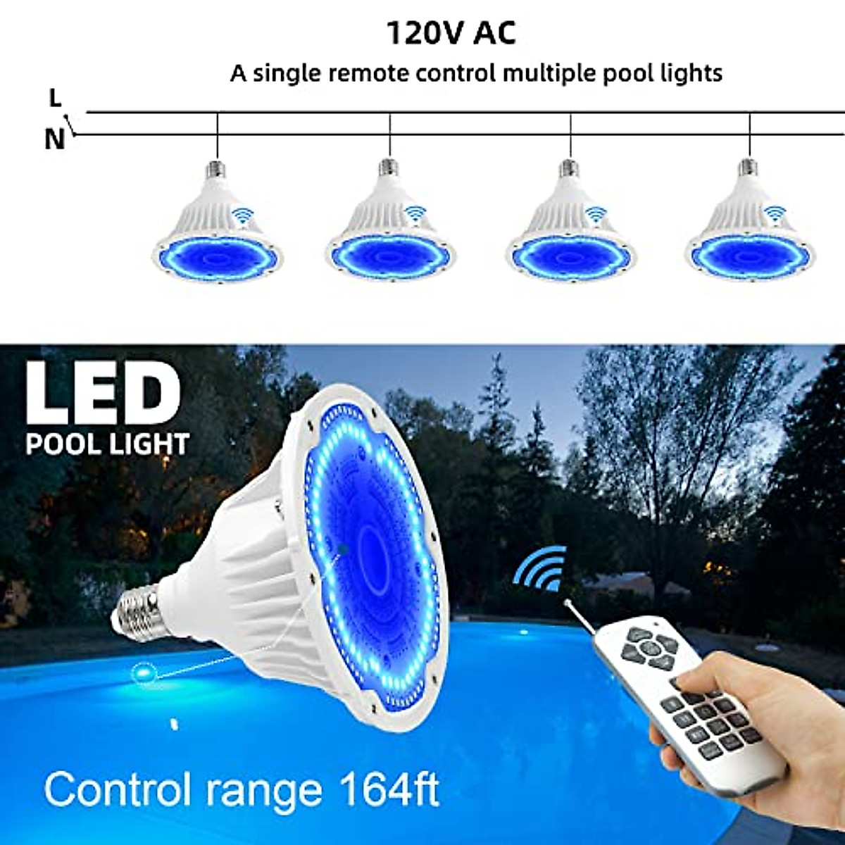 Pool Lights with Remote Control, 120V 40W RGBW Color Changing Underwater LED Pool Light for Inground Pool, E26 Replacement Bulb Fit Pentair Hayward Pool Light Fixtures