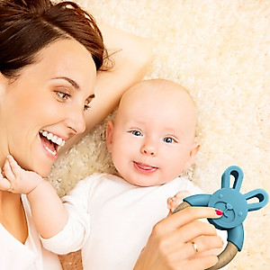 LittleFoot Nation Organic & Natural Bunny Rabbit Baby Teether Ring, 100% BPA Free Pure Food Grade Silicone & Beech Wood, Teething Pain Relief Toy for Toddlers & Infants (Blue)