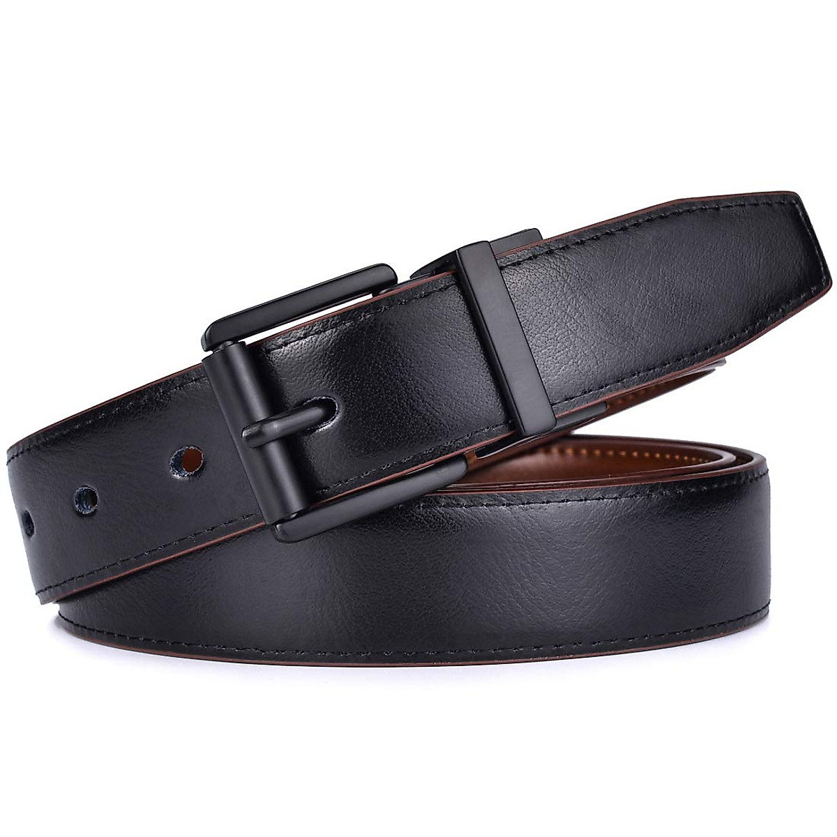 Beltox Men’s Belts Dress Casual Reversible Leather 1.1” w Roller Buckle Rotated(Black/Brown w Black Buckle, 34-36)