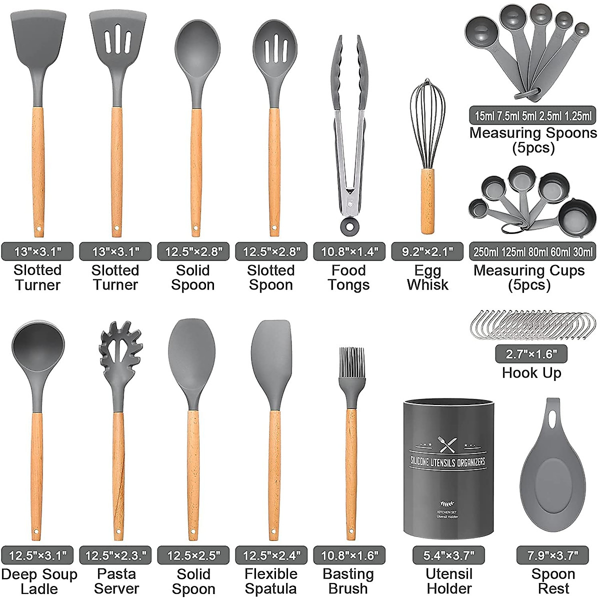 33 PCS Silicone Cooking Utensils Set, Kitchen Utensils Spatula Set with Holder, Wooden Handles Heat Resistant & BPA Free & Non-Toxic -Best Kitchen Gadgets Tools for Cookware(Gray)