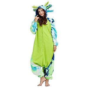 DELEY Unisex Tie Dye Green Axolotl Onesie Adult Halloween Pajamas Cosplay Animal Costume Plush Homewear Sleepwear Jumpsuit
