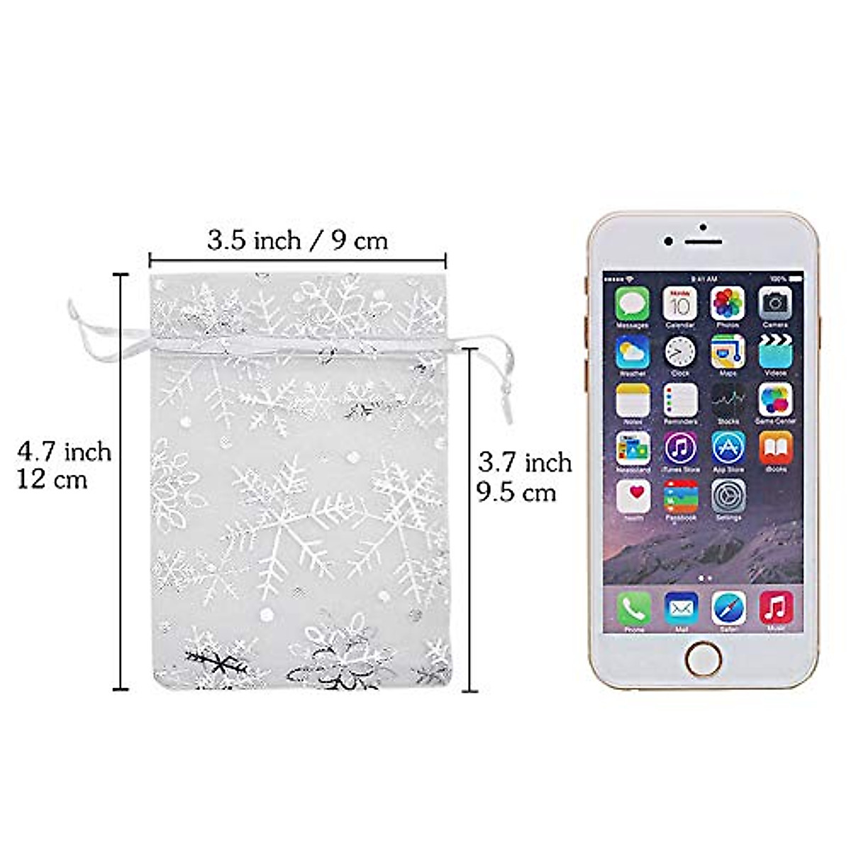 HRX Package 100pcs Snowflake Organza Gift Bags Christmas 3.5 x 4.7 inch, Small White Mesh Jewelry Pouches Little Drawstring Candy Bags