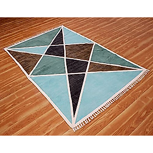 Casavani Hand Made Cotton Dhurrie Geometric Blue & Brown Tassel Rug Easy Care Washable Rugs for Doormat Entryway Living Room Bedroom Hallway Balcony 5x7 Feet