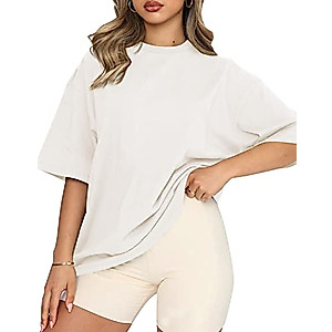 Odsufo Oversized Tshirts Shirts for Women,Half Sleeve Casual Summer Tops Crewneck Tunic Tees White XL