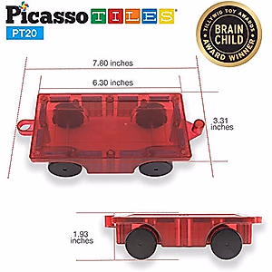 PicassoTiles 2 Piece Car Truck Construction Kit Toy Set Vehicle Educational Magnet Building Tile Magnetic Blocks Puzzle Magnets Toys with Re-Enforced Hitch and Long Bed for Girls Boys Toddler Ages 3+