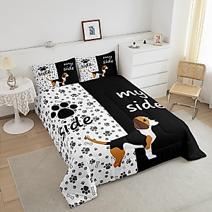 Lovely Dog Paw Comforter Set Full,Cute Puppy Bones Bedding Set Black and White Animal Theme Down Comforter Ultra Warm Dog Side My Side Quilted Duvet for Kids Boys Girls Couple with 2 Pillow Shams