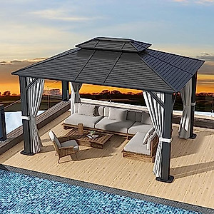 oneinmil 10x12FT Outdoor Hardtop Gazebo Galvanized Steel Pergolas Double Roof Canopy, Aluminum Frame Grill Pergola for Patios with Netting and Curtains,Grey