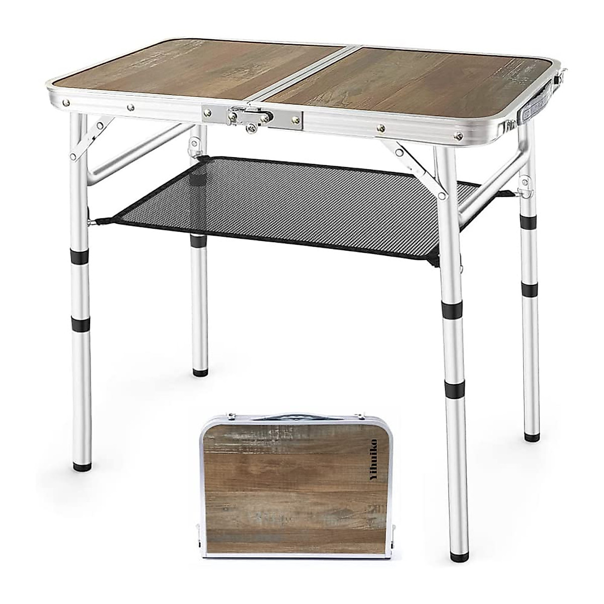 YihuiKo Small Folding Table,3 Adjustable Heights Foldable Table, Camping Table,Outdoor Folding Table with Storage Mesh Layer，Portable Table for BBQ,Patio,Garden and Indoor(Brown)