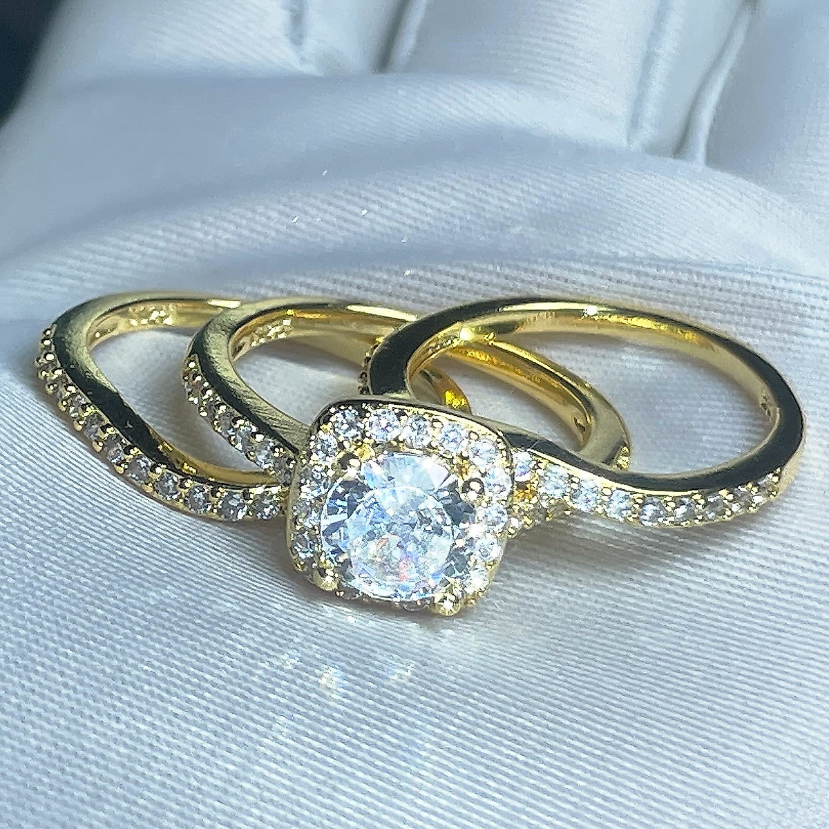 YOYEEWYNS 18K Gold Plated Anniversary Rings Engagement Wedding Band for Women Three-in-One Halo Cubic Zirconia Bridal Set Size 7