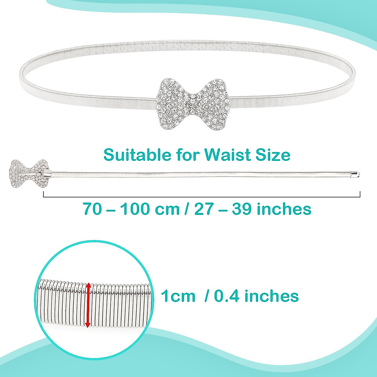 kilofly 2pc Women's Silver Metal Thin Skinny Stretch Belt Rhinestone Waistbands
