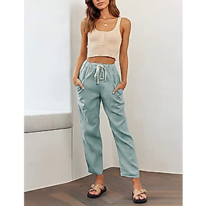 Dqbeng Womens Beach Pants Casual Summer Pull On White Cotton Linen Pants for Women (SageGreen-XL)