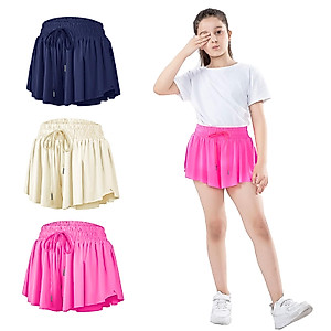 Caprilite 3 Pack Girls Flowy Shorts with Pockets, 2-in-1 Youth Flowy Butterfly Skirts Running Shorts for Sports,Fitness,Tennis