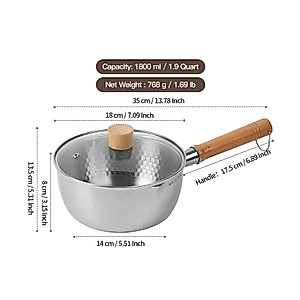 MAXCOOK 1.9 Quart 18/0 Stainless Steel Saucepan with Glass Lid Japanese Yukihira Saucepan Pots with Wood Handle Non Stick Pans for Deep-Frying,Steaming,Boiling and Stir-Frying