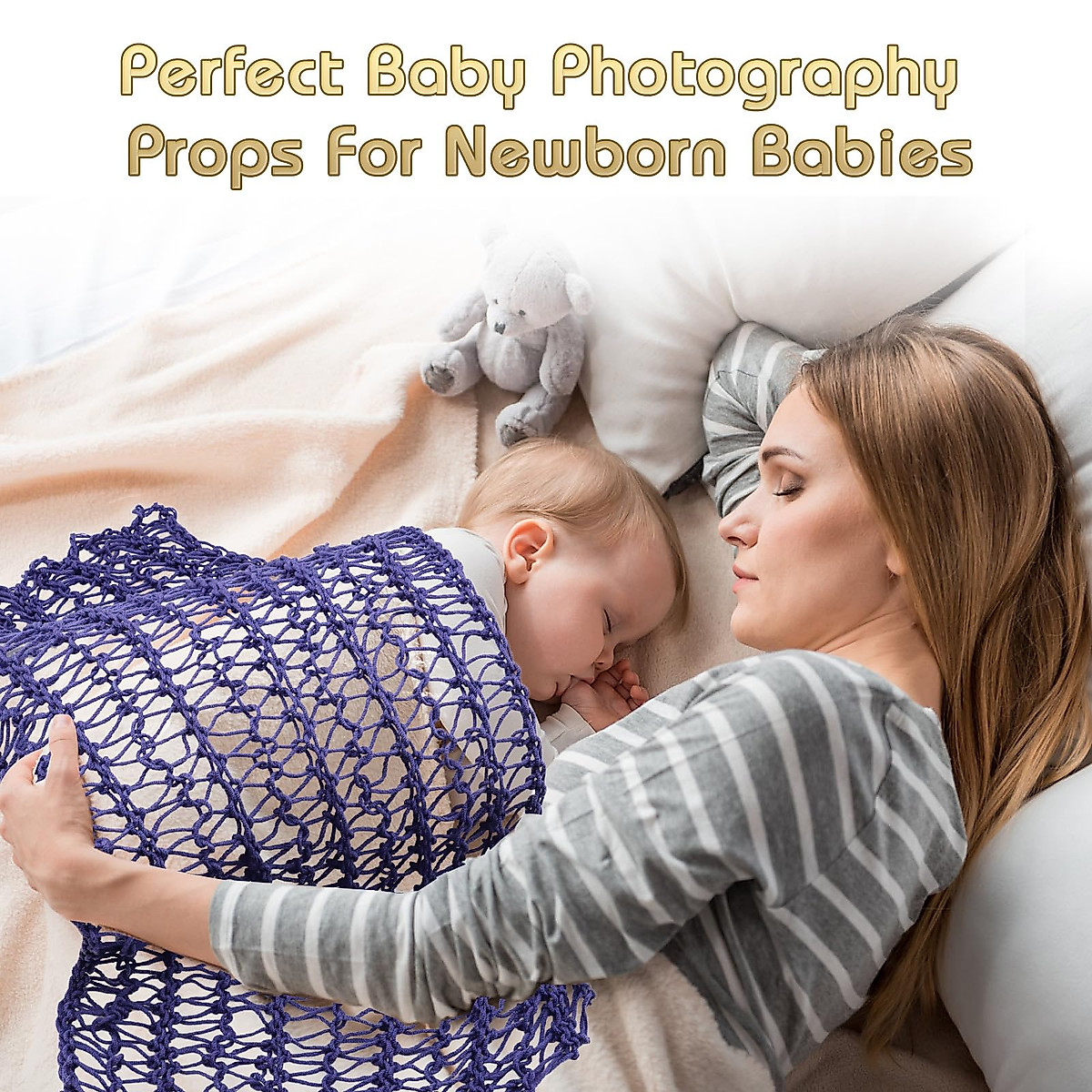 3 PCS Newborn Photography Prop Baby Hat Knitted Handmade Cover Diaper with Toddler Swaddle Blankets Wraps for Infant Boy Girl Princess Twins