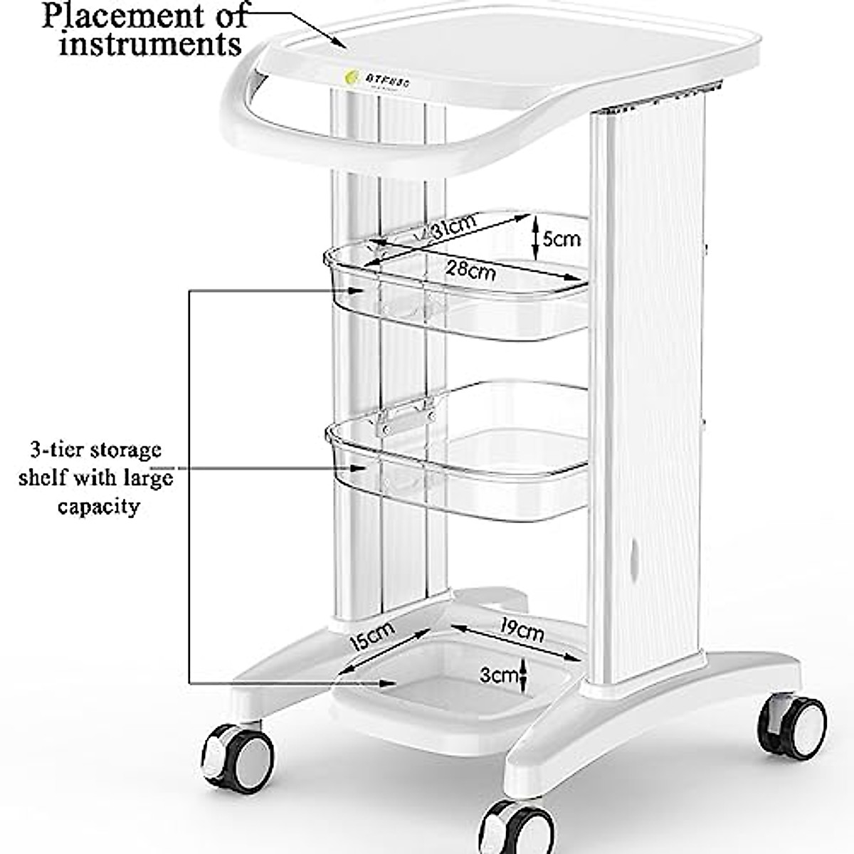 RDBSMGX ABS Beauty Trolley 3-Layer Adjustable Height Storage Shelf Rolling Trolley Placing Instruments + Storage Function Double Aluminium Alloy Pillars 0.8cm High Non-Slip Fence