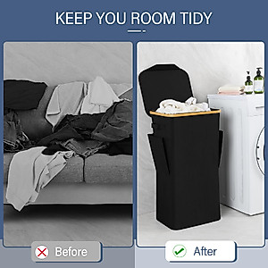 LOCHAS Laundry Hamper with Lid, 100L Clothes Hamper with 2 Pockets and Removable Bag, Black Large Laundry Basket with Handles, Tall Dirty Clothes Hamper for Bathroom, Bedroom, Dorm, Laundry Room
