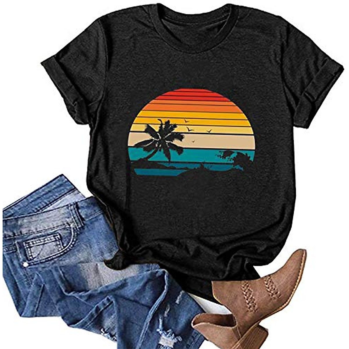 wodceeke Women's Retro Beach Print T-shirt Short Sleeve Round Neck Basic Tee Summer Casual Sports Tops (Black, XXL)