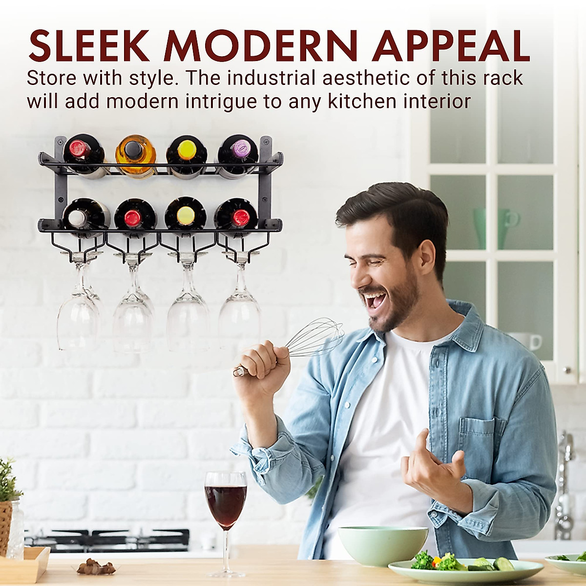 Mildenhall Industrial Wine Rack Wall Mounted with Wine Glass Rack Horizontal Wine Bottle Glass Holder - Holds 8 x Glasses and 8 x Wine Bottles - Sturdy Carbon Steel Construction - 17 x 7.5 in