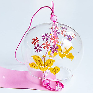 Falytemow Japanese Wind Chimes Romantic Flowers Small Wind Bells Handmade Glass Japanese Style Pendant for Birthday Present Home Decors (Yellow Flower, Chrysanthemum, Butterflies, Fireworks, 8 cm)