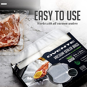 OVENTE Pre-Cut 100 pcs Vacuum Sealer Bags 8” x 12” Works with all Vacuum Sealer Machine, Heavy Duty, BPA-Free for Airtight Food Storage, Meal Prep, Sous Vide, Microwave and Freezer Safe ACPSVPQ100