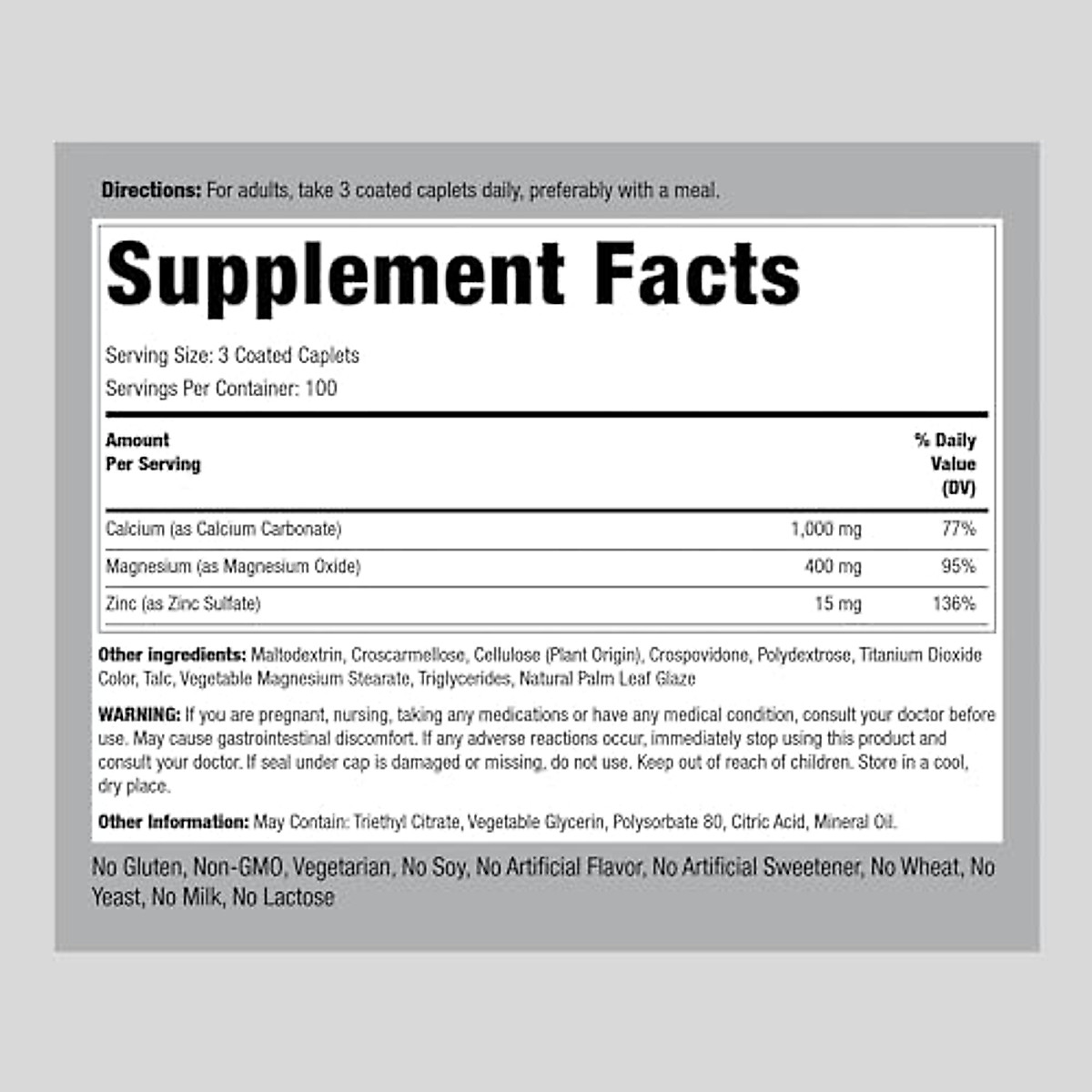 Calcium Magnesium Zinc Supplement | 300 Coated Caplets | Non-GMO, Gluten Free | by Piping Rock