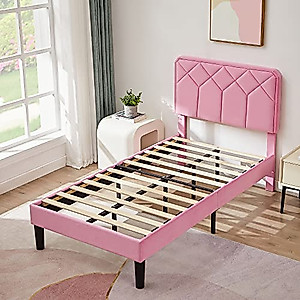 VECELO Twin Size Bed Frame Premium Leather Upholstered Platform with Height Adjustable Headboard/Mattress Foundation, Solid Wooden Slat Support, No Box Spring Needed/Easy Assembly