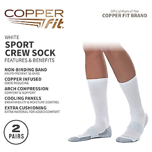 Copper Fit unisex adult Crew Sport - 2 Pack Running Socks, White, Small-Medium US