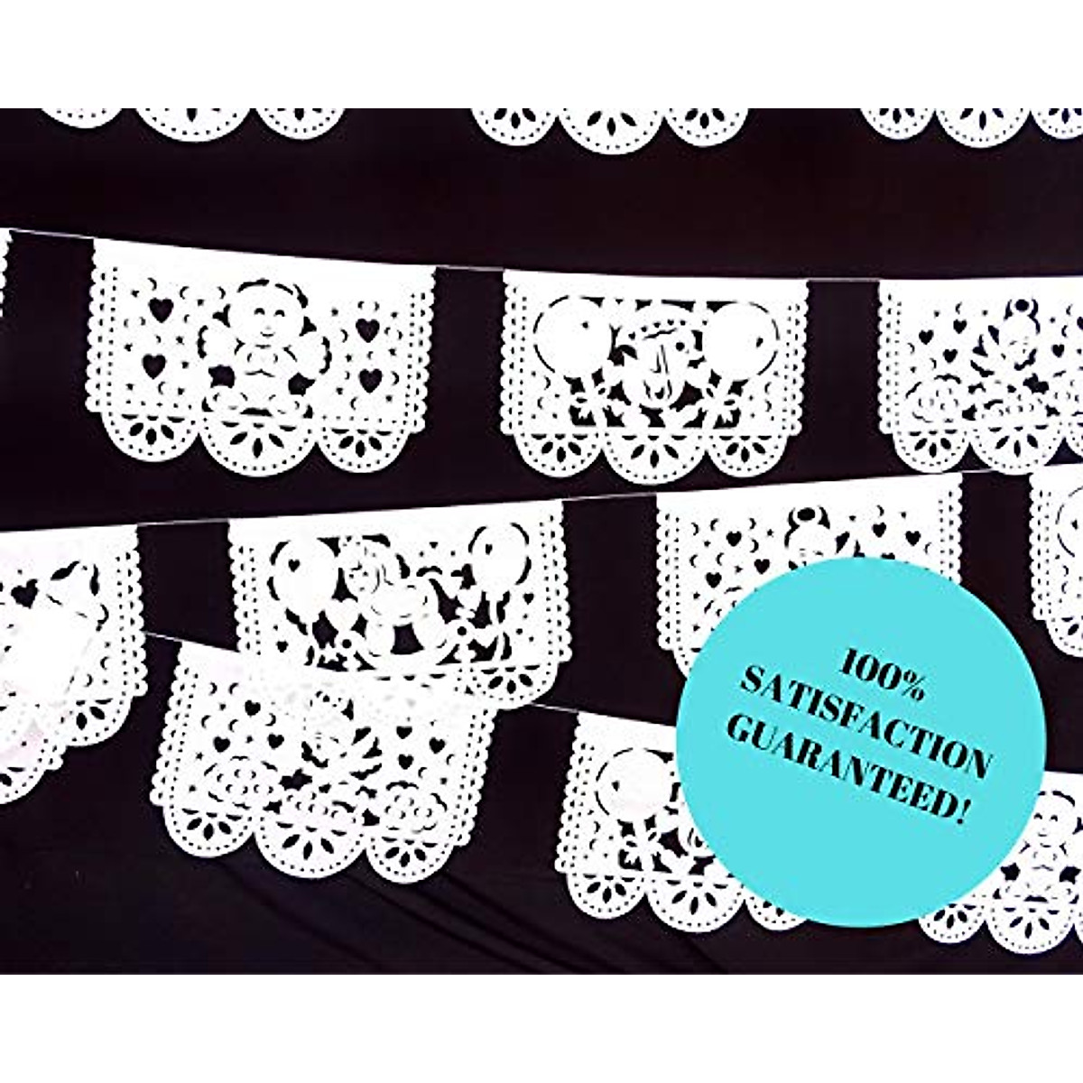 5 Pk Mi bautizo or Baby shower party decor for boy or girl, Over 60 feet of Papel Picado White tissue paper banner garlands with angelitos, rocking horse 50 Panels/Flags ws95