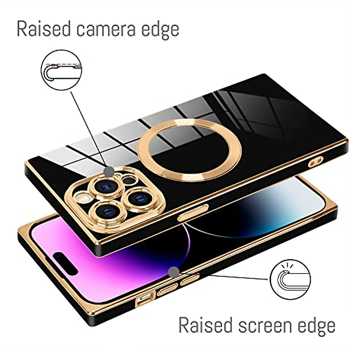 LSL Magnetic Case for iPhone 14 Pro Max [Compatible with MagSafe] Soft TPU Bumper Anti-Drop Anti-Scratch Shock Absorption Slim Cover Luxury Plating Full Camera Lens Protective Square Case - Black