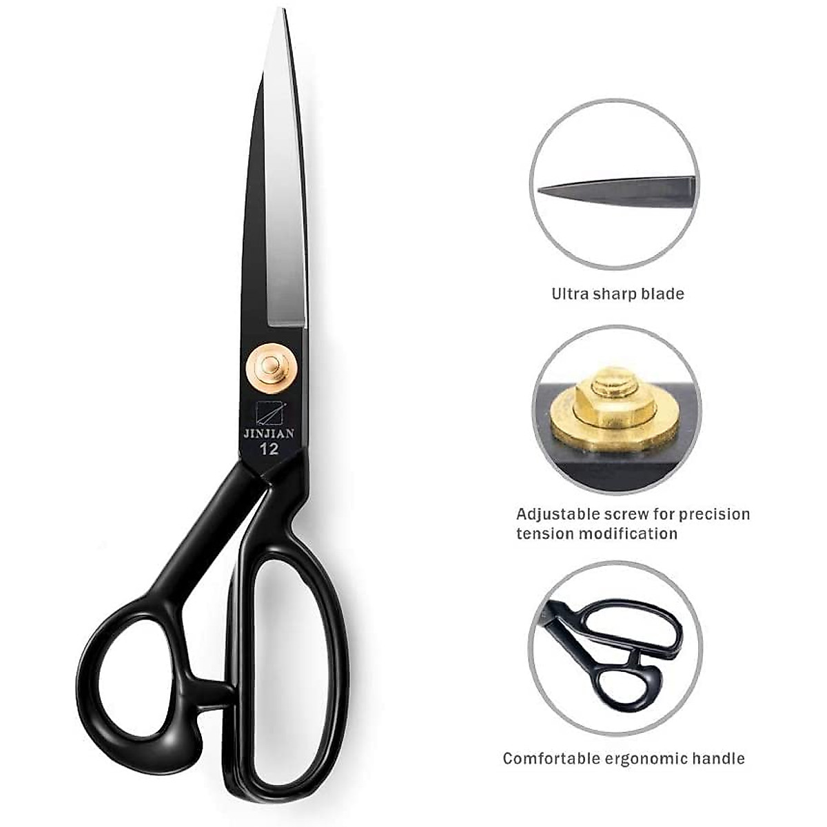 JINJIAN Sewing Scissors, 12 Inch Fabric Dressmaking Scissors Heavy Duty Shears Razor Sharp Cutting for Crafting, Tailoring, Thread Snips Included(Black, Right-Handed)