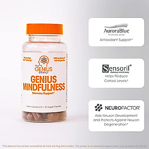 Genius Mindfulness Supplement, Nootropic Cognitive Brain Booster Enhances Memory, Focus & Energy - Natural Calming Supplement with Ashwagandha, NeuroFactor, & Blueberry Extract - 30 Veggie Capsules