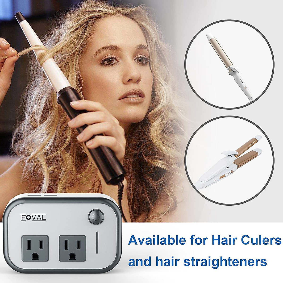 FOVAL Power Step Down 220V to 110V Voltage Converter International Travel Adapter for Hair Straightener/Curling Iron Including US/AU/EU/UK/India Universal Plug Adapter