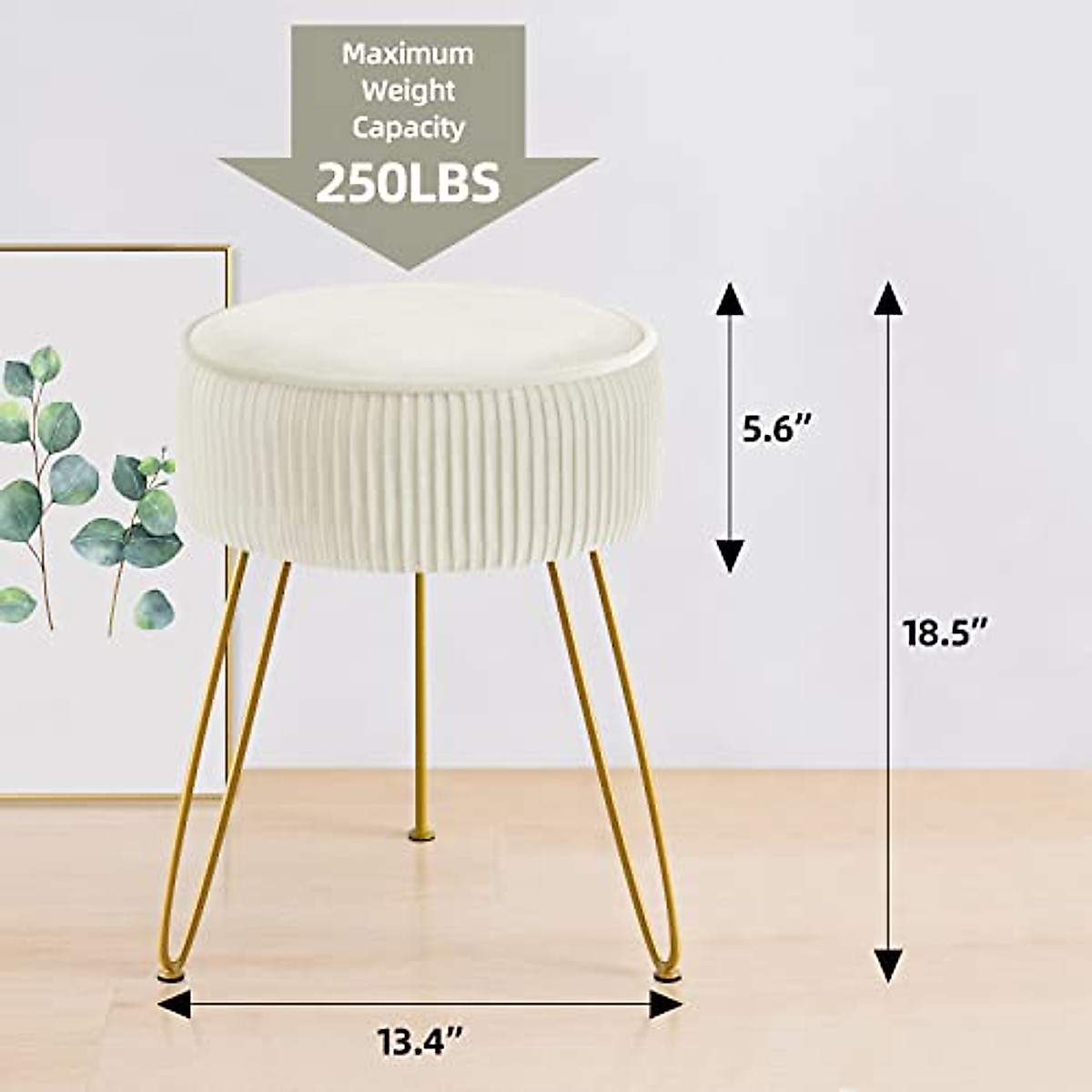 GERANT Multifunctional Vanity Stool,Modern Vanity Stools for Makeup Room,Velvet Round Ottoman Footrest Stool with Metal Legs, Upholstered Pleated Vanity Chair Stool for Living Room,Office(Beige)