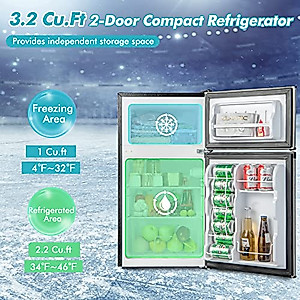 COSTWAY Compact Refrigerator, 3.2 Cu.Ft. Fridge Freezer Compartment with Reversible 2 Door, Adjustable Thermostat, Removable Glass Shelves, Mini Refrigerator for Bedroom Dorm Apartment Office, Silver
