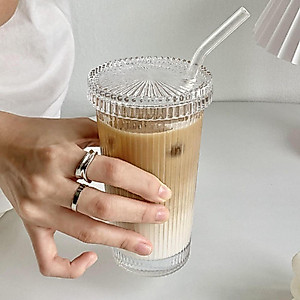 MEFFE Ribbed Glass Stem-ware, Glass Tumbler Stripe Glass Cup, Elegant Ribbed Glass Tumblers, Ribbed Glass Drinking Jars, Coffee Cup With Lid and Straw Drinking Glasses for Iced Coffee, Milk, Tea, Jui