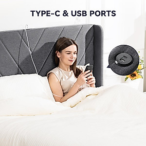 COMHOMA Bed Frame Queen Size with Type-C & USB, Queen Size Bed Frame with 3 Storage Drawers, Upholstered Bed Frame Queen with Wingback Headboard, Steel Slats Support, Dark Grey