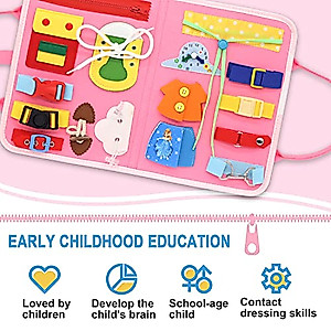 Busy Board Montessori Toys for Toddlers Sensory Board Toys Preschool Activities Educational Toys Learning Basic Dress Skills Travel Toys for Toddlers Gifts for 1 2 3 4 Year Old Boys & Girls (Pink)