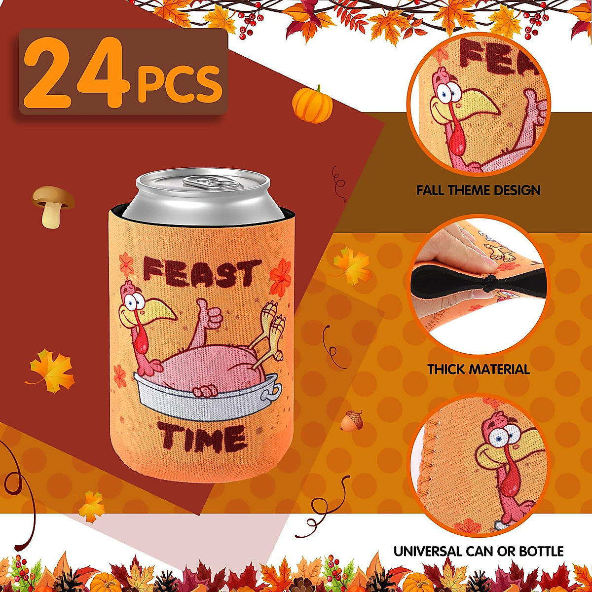 24 Pcs Thanksgiving Can Cooler Sleeves 12 oz Funny Can Sleeves Turkey Pumpkin Neoprene Insulated Beer Can Bottle Sleeves for Happy Thanksgiving Happy Turkey Day Party Favors Supplies
