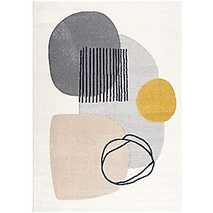 Abani Rugs Cream and Gray 6 ft. X 9 ft. Mid-Century Rug with Circles and Lines. Neutral Tones of Cream, Gray and a pop of Yellow. Minimalistic Design Turkish Stain Resistant Area Rug.