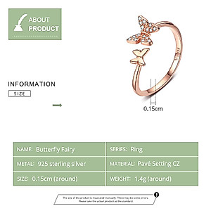 Sterling Silver Cute Butterfly Open Rings for Women Girls Adjustable Birthstone CZ Crystal Dainty Animal Statement Promise Engagement Wedding Ring Eternity Finger Band (Rose Gold)