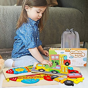 Wooden Toddler Puzzles for Kids Ages 2-4 Montessori Toys for 2 3 4 Year Old Boys Girls Toddler Educational Developmental Toys Gifts Numbers Colors Shapes Early Learning Vehicle Puzzle Toys(3 Packs)