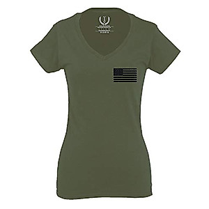 Vintage American Flag United States of America Military Army Marine us Navy USA for Women V Neck Fitted T Shirt (Olive Large)